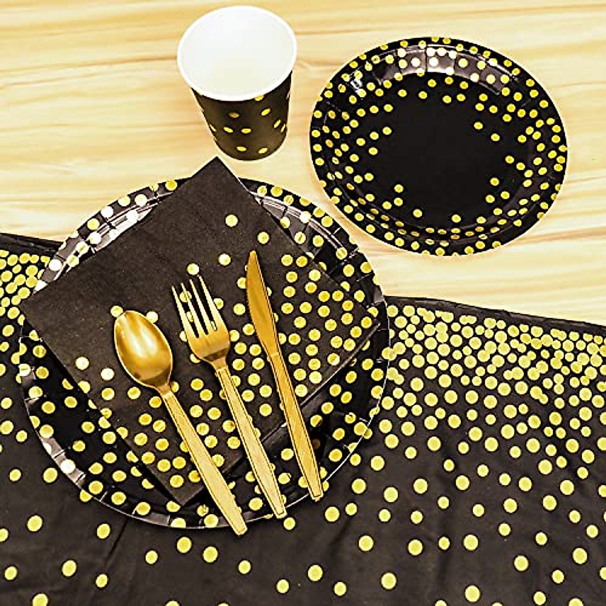 176 Pieces Gold Disposable Party Dinnerware Set &Golden Dot Disposable Party Dinnerware - Black Paper Plates Napkins Cups, Gold Plastic Forks Knives Spoons (25 Guests,176 Pieces)