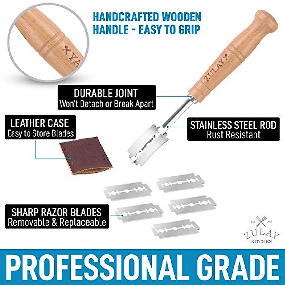 Zulay Kitchen Bread Lame Dough Scoring Tool - Hand Crafted Bread Scoring Tool to Cut Designs on Sourdough, Homemade Bread - Bread Scoring Knife With 6 Stainless Steel Razor Blades and Leather Cover