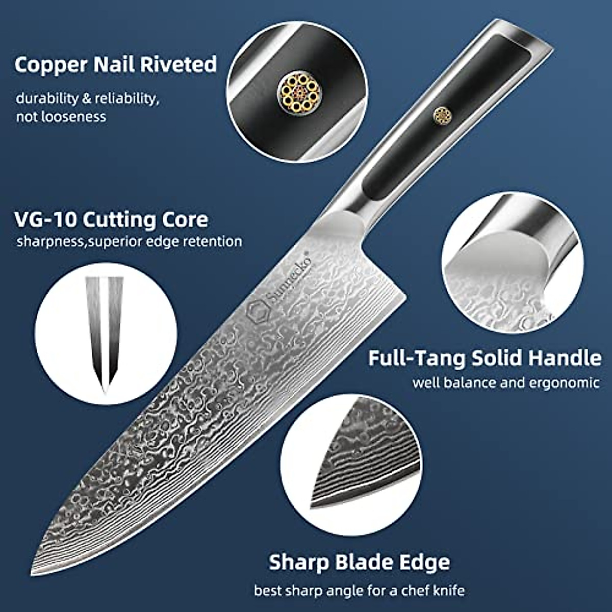 Sunnecko Knife Sets for Kitchen with Block,7 PCS Damascus Kitchen Knife Set,67-Layer Japanese VG10 High Carbon Stainless Steel Blade,Full Tang Forged,Ergonomic Handle,Whetstone&Scissors Include