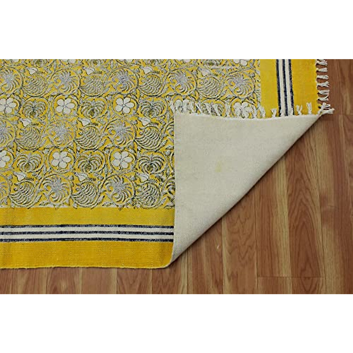 Casavani Indian Handmade Cotton Dhurrie Oriental Yellow & Beige Area Rug Boho Kilim Flat Weave Rug Indoor Hall Room Decor Carpet Throw Rugs for Bedroom Living Room Bathroom Balcony 4x10 Feet Runner