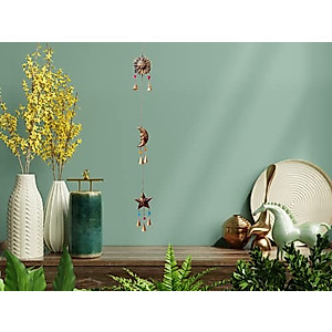 Mie Creations Sun Moon Star Face Wall Hanging Décor Chime Bells | Metal Cutouts Ornaments, Crescent Moon Phases Garland Art | Celestial, Earthy Decorations | Wicca Pagan Christmas Décor -Antique Gold