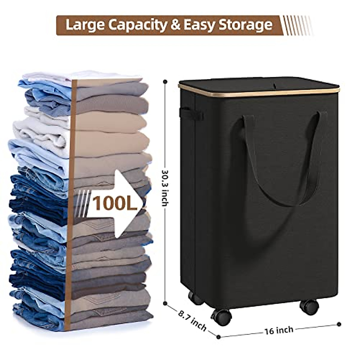 Raybee Rolling Laundry Basket Tall Laundry Hamper with Lid Large Hampers for Laundry with Bamboo Handle on Wheel Laundry Baskets Bins Organizer with Removable Bag for Dirty Clothes, Toys, Black