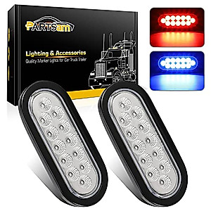 Partsam 2Pcs 6.7 Inch Oval Red Stop Turn Tail Lights and Blue Auxiliary Lights Kit 12 Diodes w/Rubber Grommets & 3-Prong Wire Pigtails Red/Blue Oval Led Truck Trailer Tail Lights and Auxiliary Lights