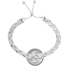 Savlano 925 Sterling Silver Braided Herringbone Chain Adjustable Bolo Slider Bracelet – 18K Gold Plated Over Silver Bracelet for Women - Made In Italy Comes with a Gift Box (White)