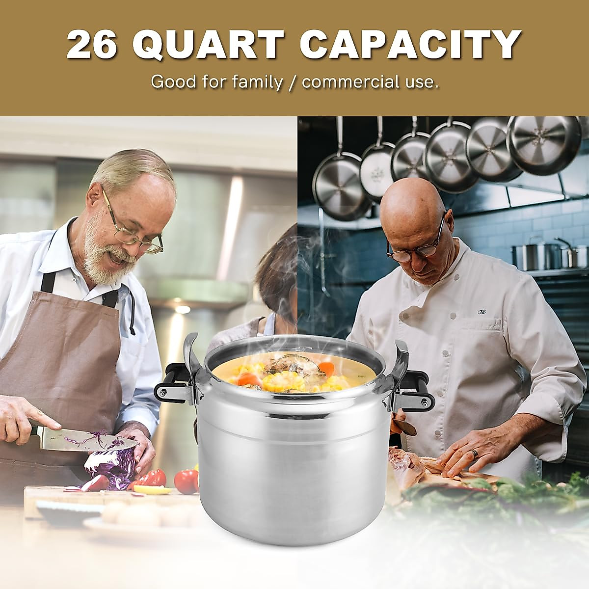 Fulgutonit Clamp On Pressure Cooker, 26 Quart Aluminum Pressure Cooker w/Ultra Safe Clamp Bar Locking System, 2 Valves for Stable High Pressure, for Family or Commercial Use