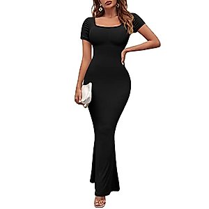 Verdusa Women's Square Neck Short Sleeve Fishtail Bodycon Maxi Dress Black S