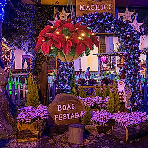 JUOPZKENN Prelit Artificial Christmas Hanging Basket, Artificial Poinsettia Hanging Basket Christmas Decoration Pendant with LED Lights, Fake Floral Arrangement Ornaments Xmas Holiday Favor