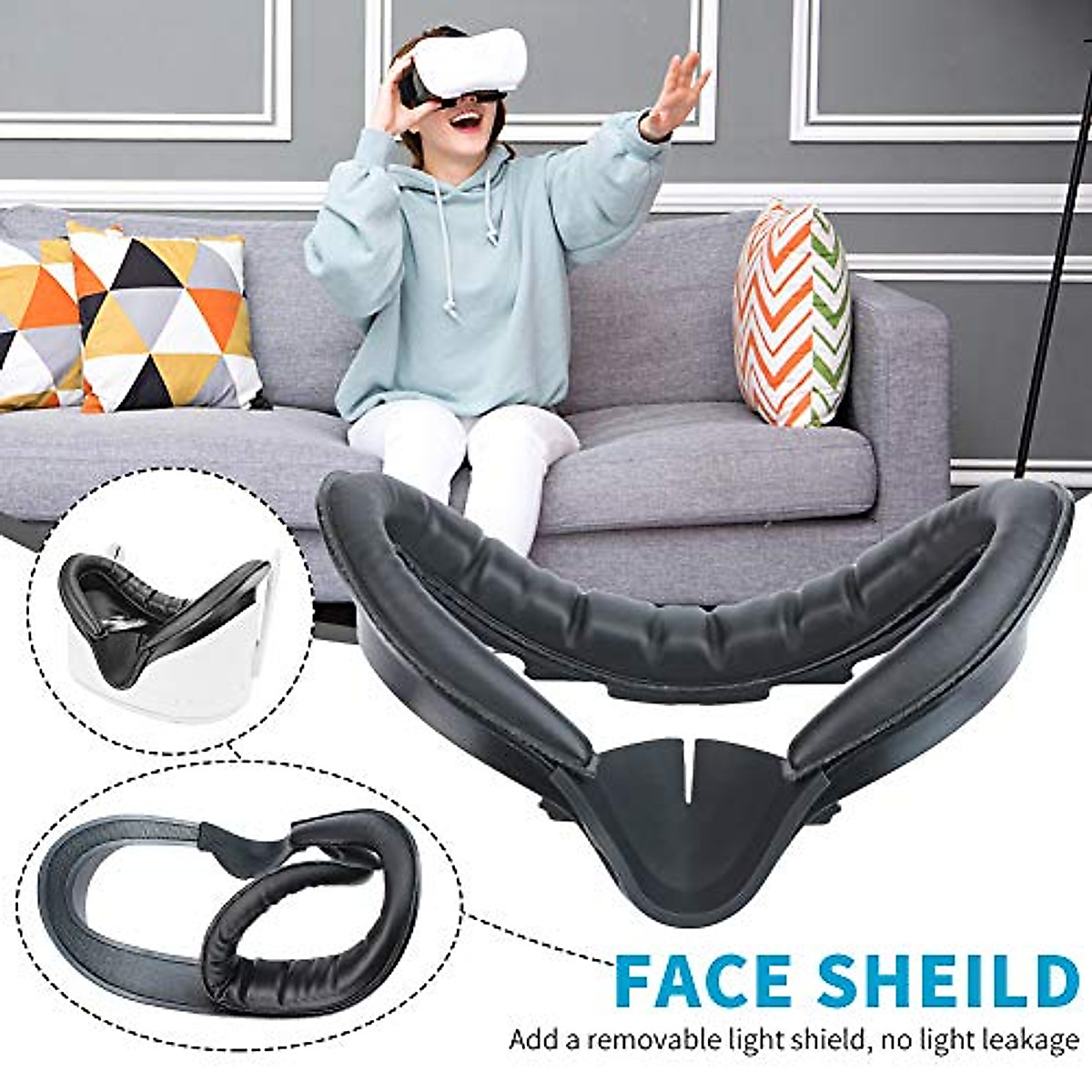 CALIDAKA VR Facial Interface Bracket & PU Leather Foam Face Pad Replacement Protective Lens Cover for Oculu-s Ques-t 2 Detachable PU Pad Washable Sweat-Proof Comfortable Reduce Head Pressure