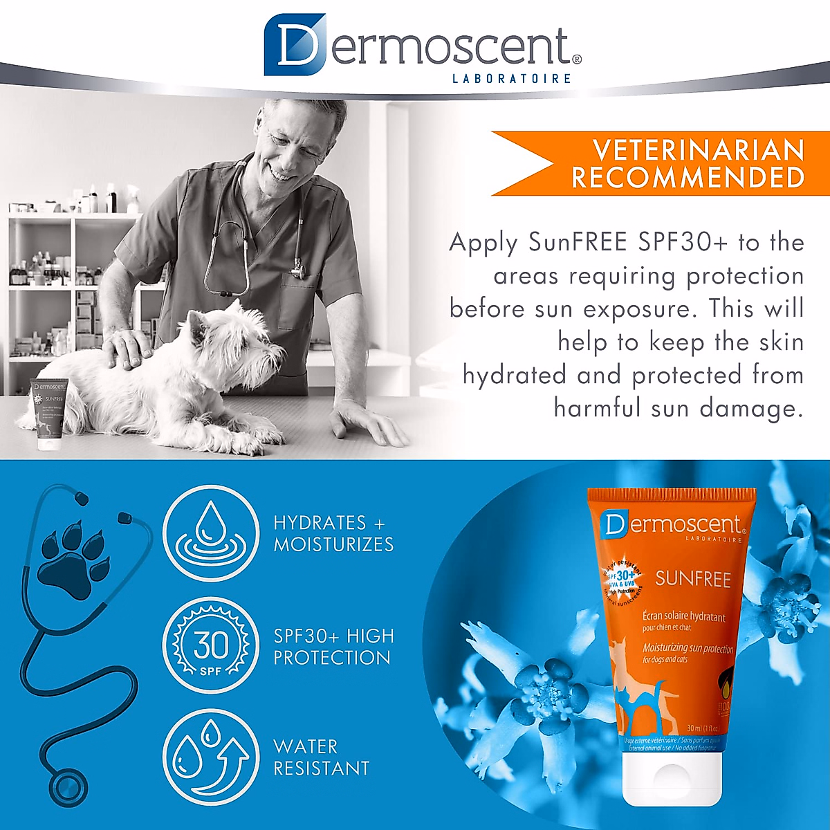 Dermoscent SunFREE SPF30+ Cat & Dog Sunscreen - Safe & Natural Mineral Sunscreen Moisturizing Sun Protection - 30 Ml / 1 Fl. Oz.