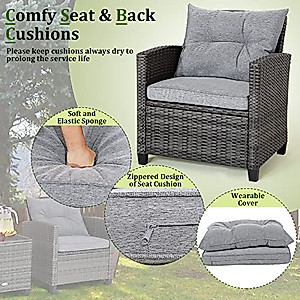 RELAX4LIFE Wicker Patio Furniture Sets - 3 Pieces Patio Rattan Sofa Set, Outdoor Conversation Set with Tempered Glass Tabletop, Heavy-Duty Steel Frame, Wicker Chair Set for Poolside, Backyard, Grey