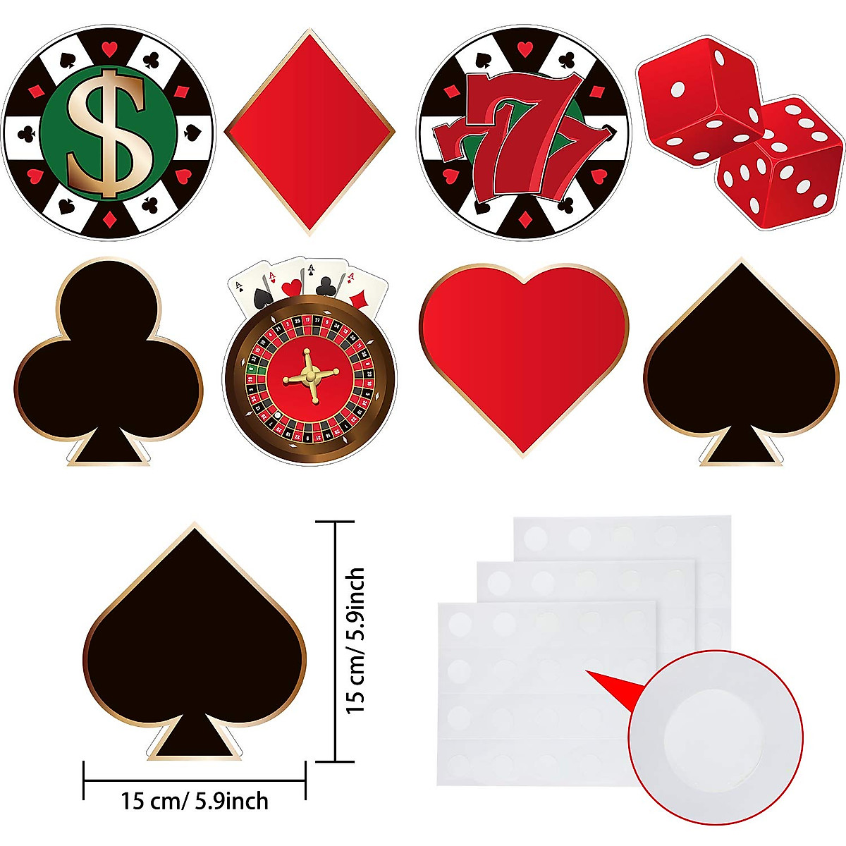 40 Pieces Versatile Casino Party Cutouts Las Vegas Casino Poker Themed Birthday Party Decoration Cutouts with Glue Dots for Bulletin Board Casino Party, 5.9 x 5.9 Inches