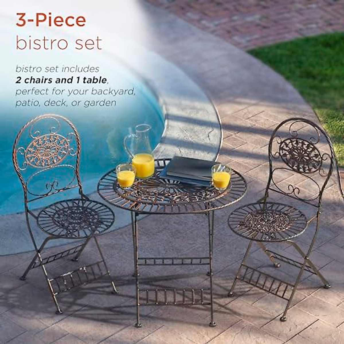 Alpine Corporation Indoor/Outdoor 3-Piece Oval Bistro Set Folding Table and Chairs Patio Seating, Bronze