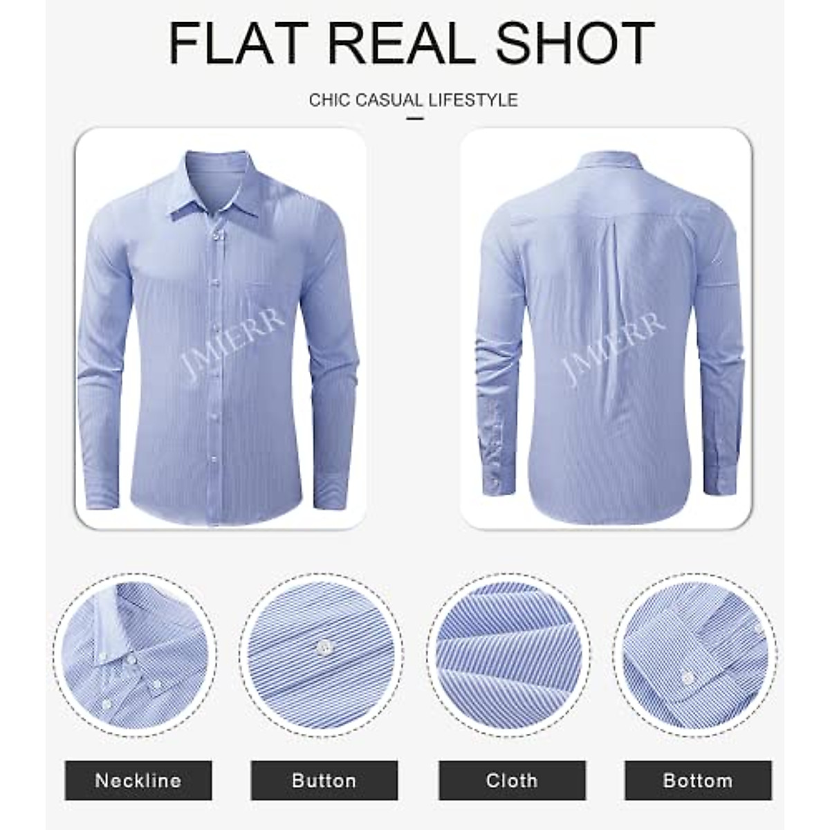 JMIERR Mens Slim Fit Casual Button Down Dress Shirts Pinpoint Stripe Long Sleeve Fall Shirt US 43(L),Blue