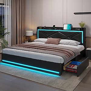 HAUOMS King Bed Frame with Storage Drawers and LED Lights, Pu Leather Platform Bed King Size with Headboard Storage, Type-C & USB Charging Station, Solid Wooden Slats, No Box Spring Needed, Black