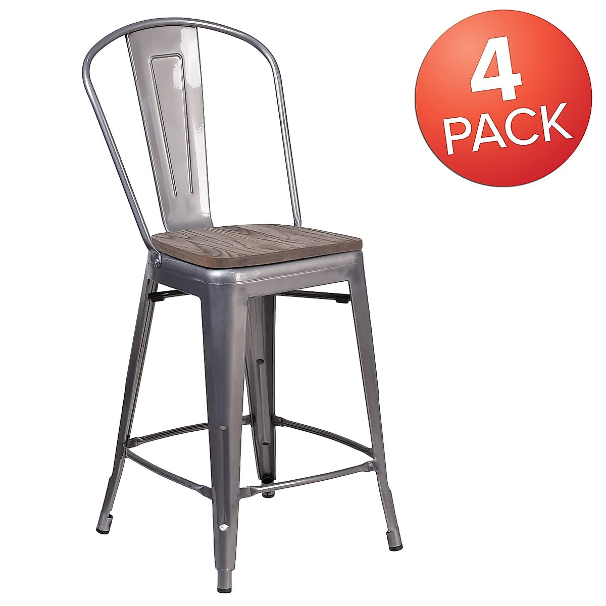 Flash Furniture Lincoln 4 Pk. 24" High Clear Coated Counter Height Stool with Back and Wood Seat