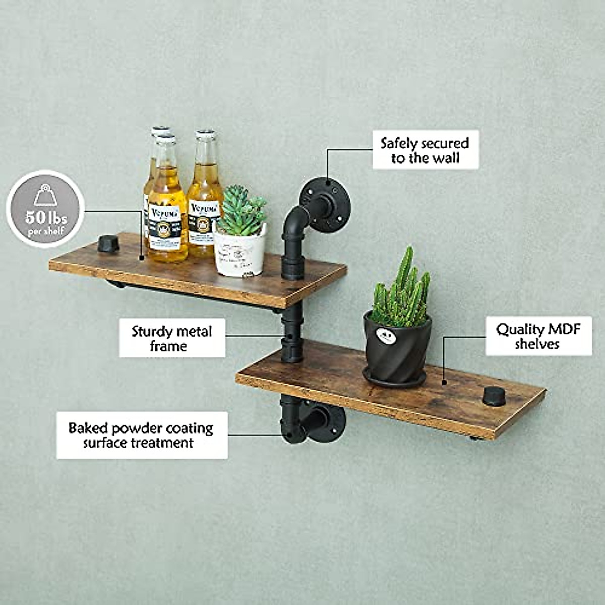 MAIKAILUN 2 Tier Industrial Shelves, Industrial Pipe Shelving, Pipe Corner Shelves with Wood Planks, Floating Shelves Wall Mounted, Retro Rustic Industrial Shelf for Bar Kitchen Living Room