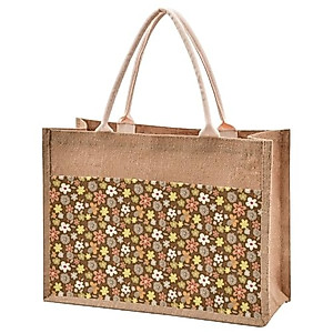 Jute Burlap Tote Floral Flowers Ditsy Elegant Abstract Brown Yellow Large Beach Bag Reusable Grocery Shopping Storage Bag