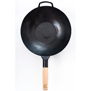 Craft Wok Black13 Flat Pre-Seasoned Hammered Carbon Steel Wok with Wooden and Steel Helper Handle (13 Inch, Flat Bottom)