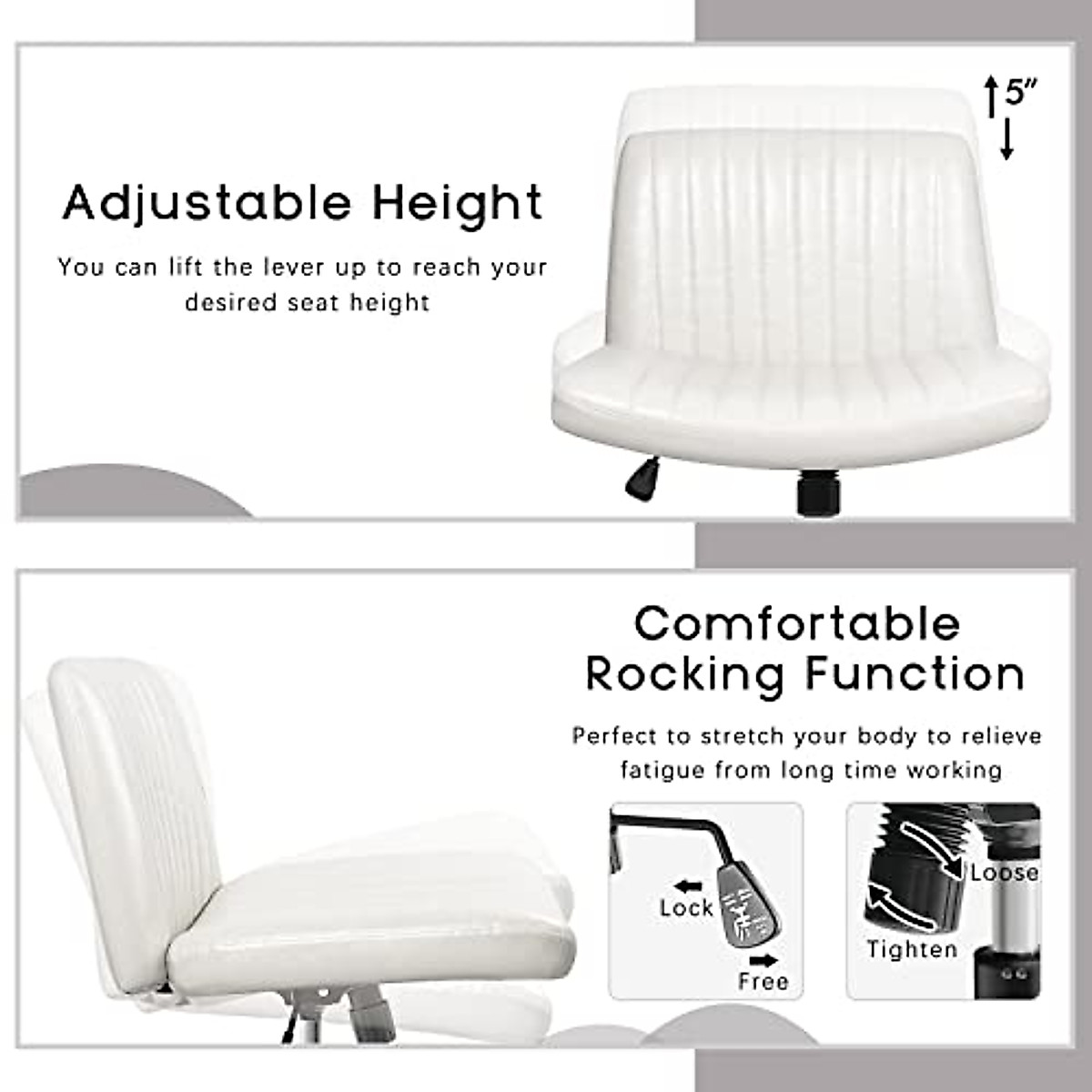 PUKAMI Armless Desk Chair No Wheels with Ottoman&Lumbar Support,PU Leather Padded Modern Swivel Home Office Chair,Height Adjustable Wide Seat Cross Legged Computer Task Chair for Living Room(White)