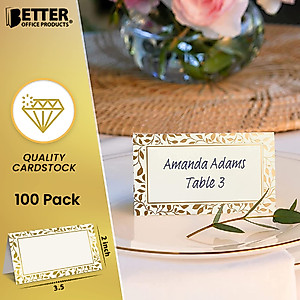 Better Office Products 100 Pack Place Cards, 2 x 3.5 in, White with Metallic Gold Leaf Foil Border, Folded Table Tent Cards for Weddings, Dinner Parties, Buffet Banquets,(100 Count)