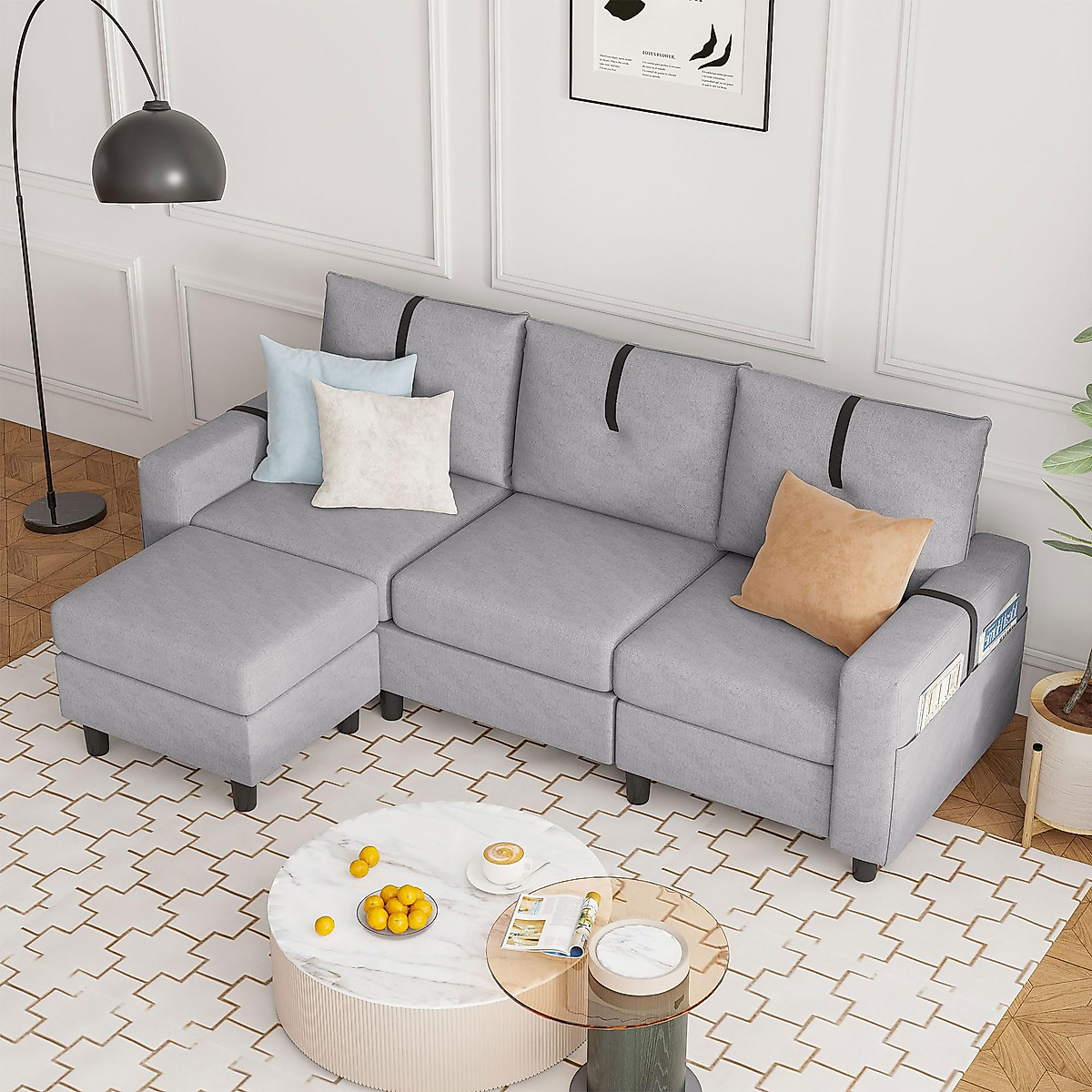 Tornama 80" L Shaped Sectional Sofas 3 Seater Couch with Reversible Ottoman Modern Linen Fabric Small Sectional Couch for Living Room, Apartment, Small Space, Light Grey