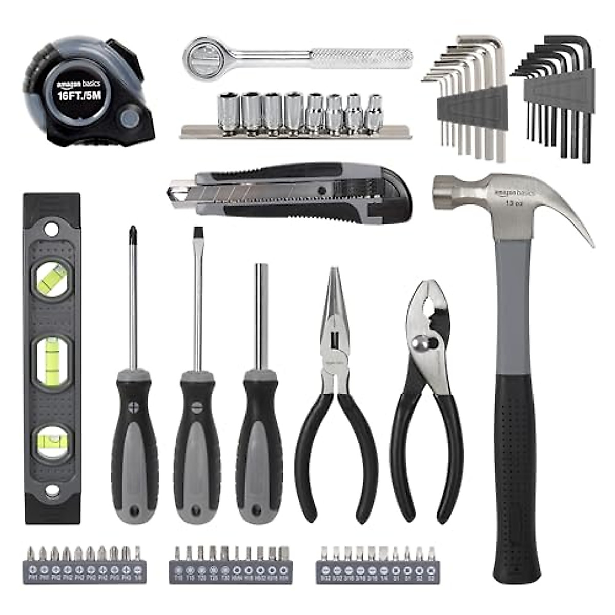 Amazon Basics 65 Piece Home Basic Repair Tool Kit Set With Bag, Silver, Black