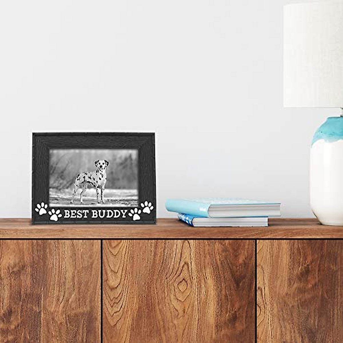Isaac Jacobs 4” x 6” Resin Sentiments Dog Best Buddy Picture Frame, Horizontal Keepsake Photo Frame with Easel and Hanging Tabs for Tabletop, Desktop & Wall Display, (Black)