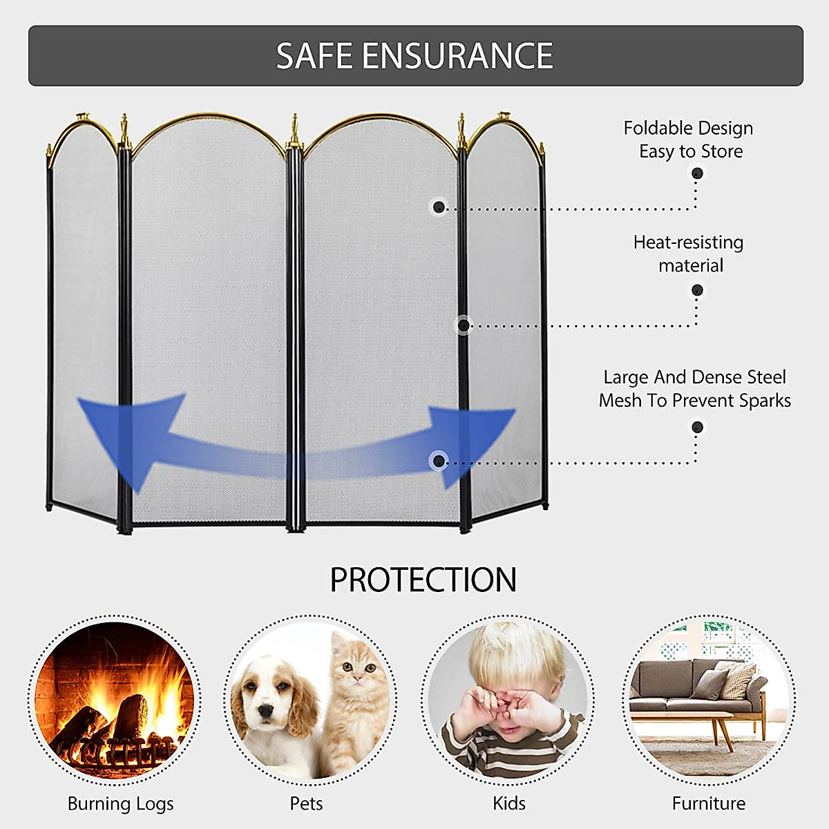 VIVOHOME 4 Panel 51.5 x 32 Inch Fireplace Screen Mesh Baby Safe Proof Fence Spark Guard Cover Ornate Wrought Iron Black Metal Fire Place Standing Gate