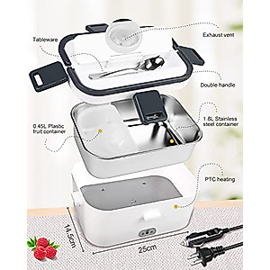 AUTOPkio Electric Lunch Box 1.8L, 12V 24V 110V Heated Lunchbox Food Warmer for Car Home Truck Driver Work, Removable Stainless Steel Container, Fork & Spoon (Grey)