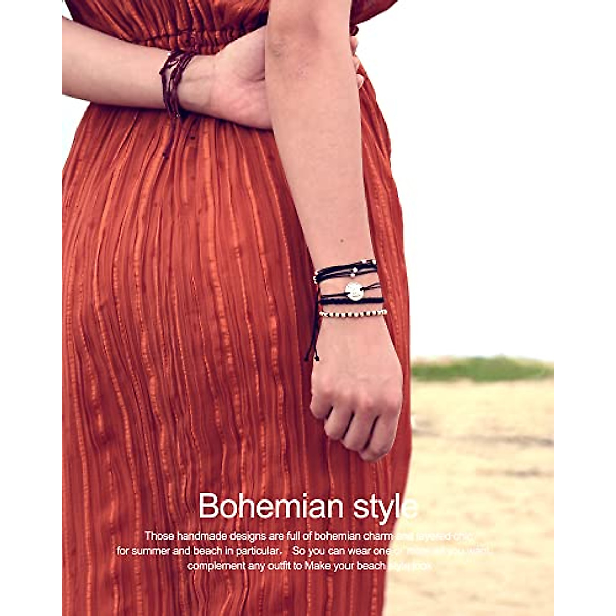 Mezcla Vida Bohemian Wave Coin Charms Black Beaded Handmade Braided Rope Surfing Woven Bracelets Sets For Women Teen Girls, Beach String Jewelry (BLACK)