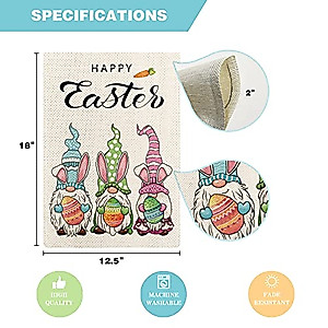YOVOYOA Happy Easter Rabbit Bunny Gnomes Garden Flag 12.5 x 18 Inch Double Sided Welcome Pees Easter Eggs Flag, Easter Farmhouse Decor