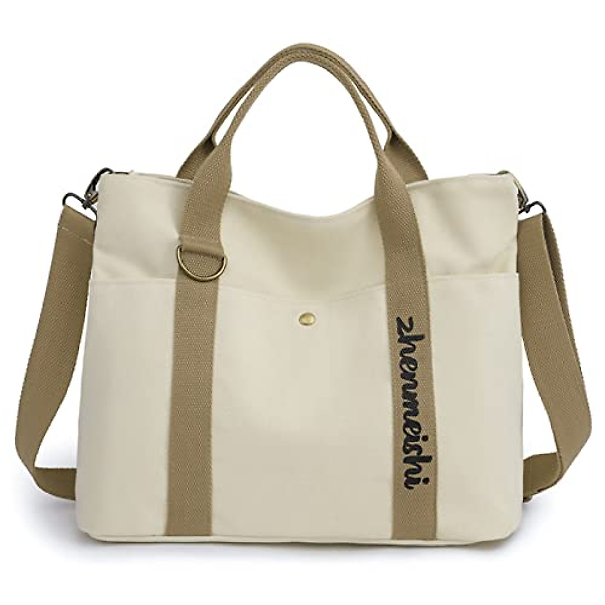 Canvas Tote Bag for Women Work Satchel Bags Messenger Bag with Zipper White Over The Shoulder Purses Cross Body Bag Purses for Women Travel Hobo Adjustable Thick Strap Crossbody Handbags Purse Trendy