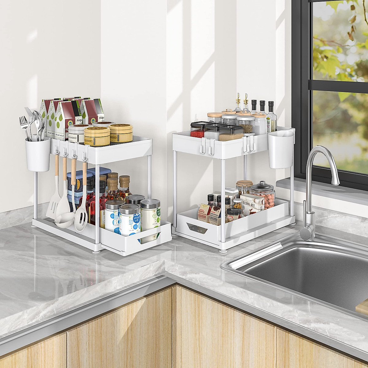 Fkprorjv Under Sink Organizers and Storage, 2 Pack Kitchen Bathroom Sink Organizer with Hooks, 2 Tier Under Sink Cabinet Basket Storage Shelf with Sliding Drawers, White