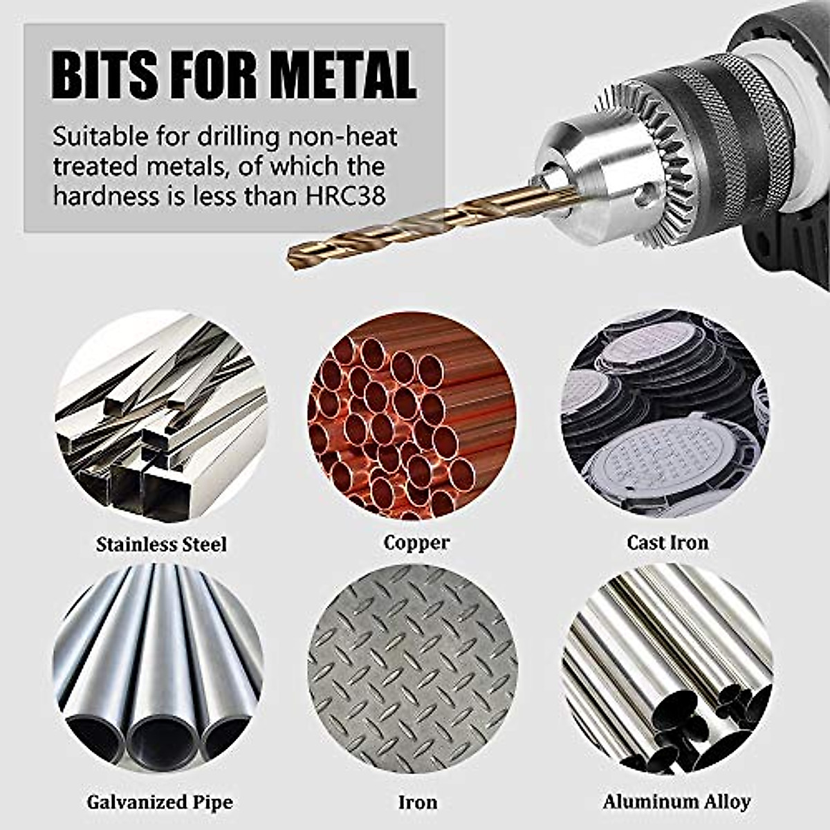 Hymnorq 3/8 Inch Fractional Size M35 Cobalt Steel Twist Drill Bit Set of 5pcs, Jobber Length and Straight Shank, Extremely Heat Resistant, Perfect Drilling in Stainless Steel and Cast Iron