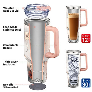 THILY 40 oz Stainless Steel Tumbler with Handle - Vacuum Insulated Travel Cup, Splash-Proof & Leakproof Lid, 2 Straws & Brush | Keeps Cold 34H/Hot 12H, Cupholder Friendly, Golden Bloom Whispers