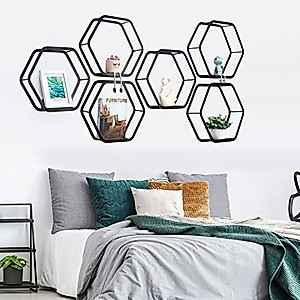 YBING Hexagon Floating Shelves Metal Black Honeycomb Shelves for Wall Metal Storage Hexagon Wall Shelves Set of 6 Hexagonal Floating Wall Mounted Storage Shelves for Living Room Bedroom
