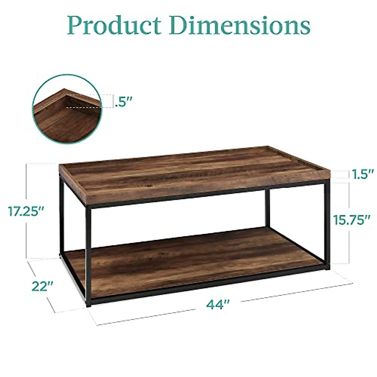 Best Choice Products 44in 2-Tier Rectangular Tray Top Coffee Table, Recessed Accent Furniture for Home w/Metal Frame, Shelf - Brown