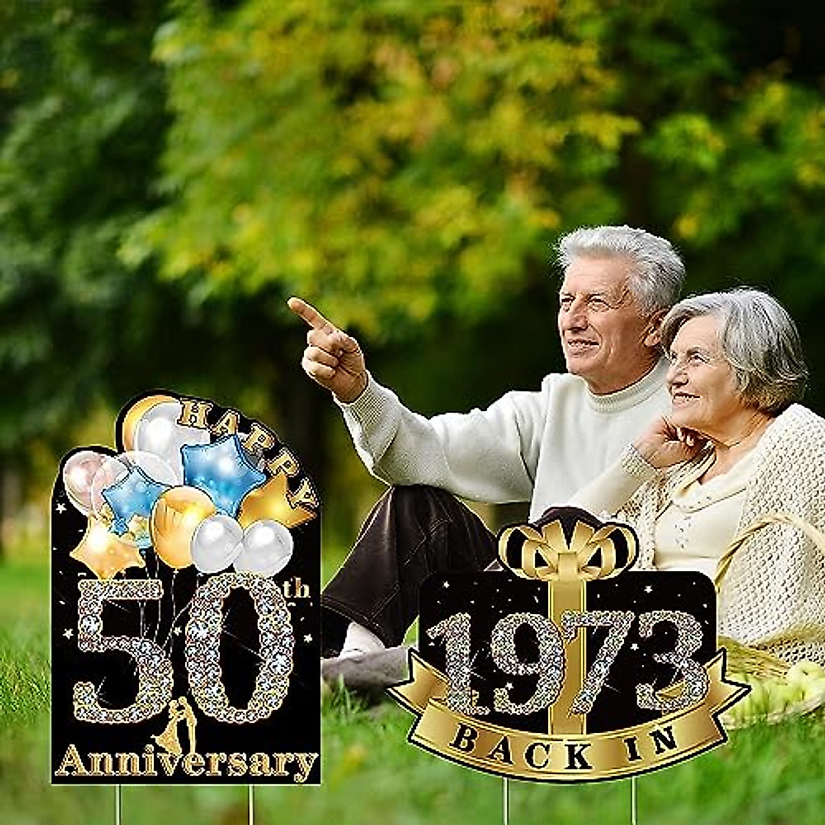 Golden 50th Wedding Anniversary Yard Sign Set, 2 Outdoor Lawn Signs With Stakes, 50th Anniversary Decorations, 12 X 15 Inches, Weatherproof, Ideal For Party, Garden, And Celebration (black gold-50)