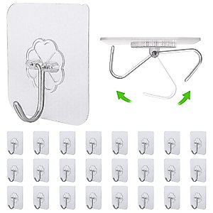 AMAZOPEN Self Adhesive Hooks - 24 Packs of Transparent Wall Door Hooks Stick On/Extra Strong Sticky Hooks for Hanging Coat, Cloth, Towel, Key and More