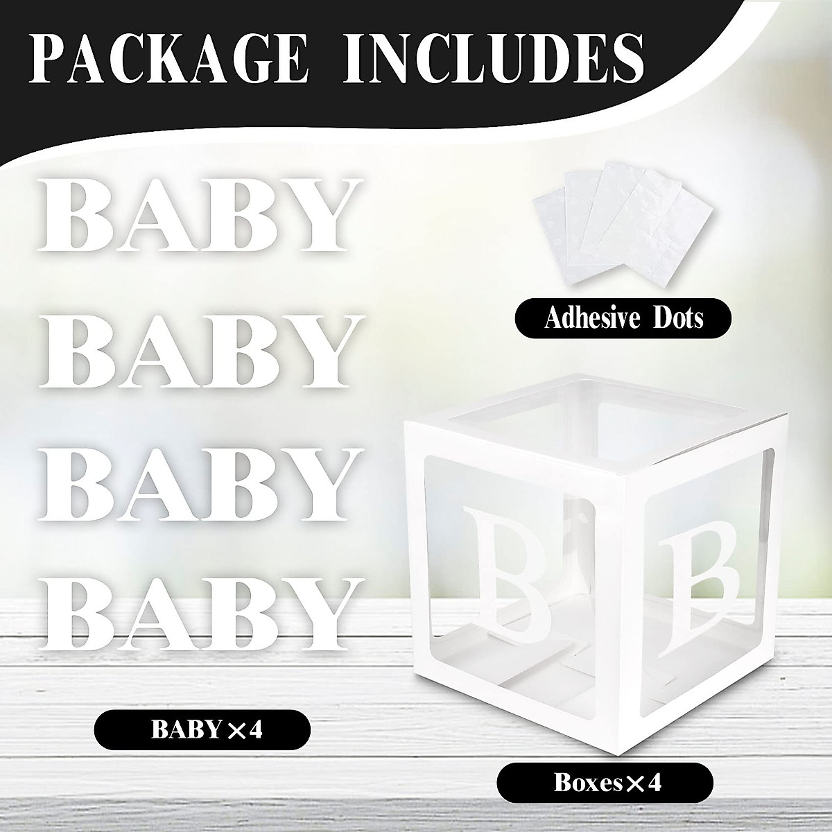 JOYYPOP Baby Boxes with Letters for Baby Shower, 4 Transparent Balloon Boxes with 16 Letters for Boys & Girls Birthday, Gender Reveal Decorations and Wedding Party(White)