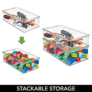 mDesign Plastic Playroom/Game Organizer Box Containers with Hinged Lid for Shelves or Cubbies, Holds Toys, Building Blocks, Puzzles, Markers, Controllers, or Crayons, Ligne Collection, 2 Pack, Clear