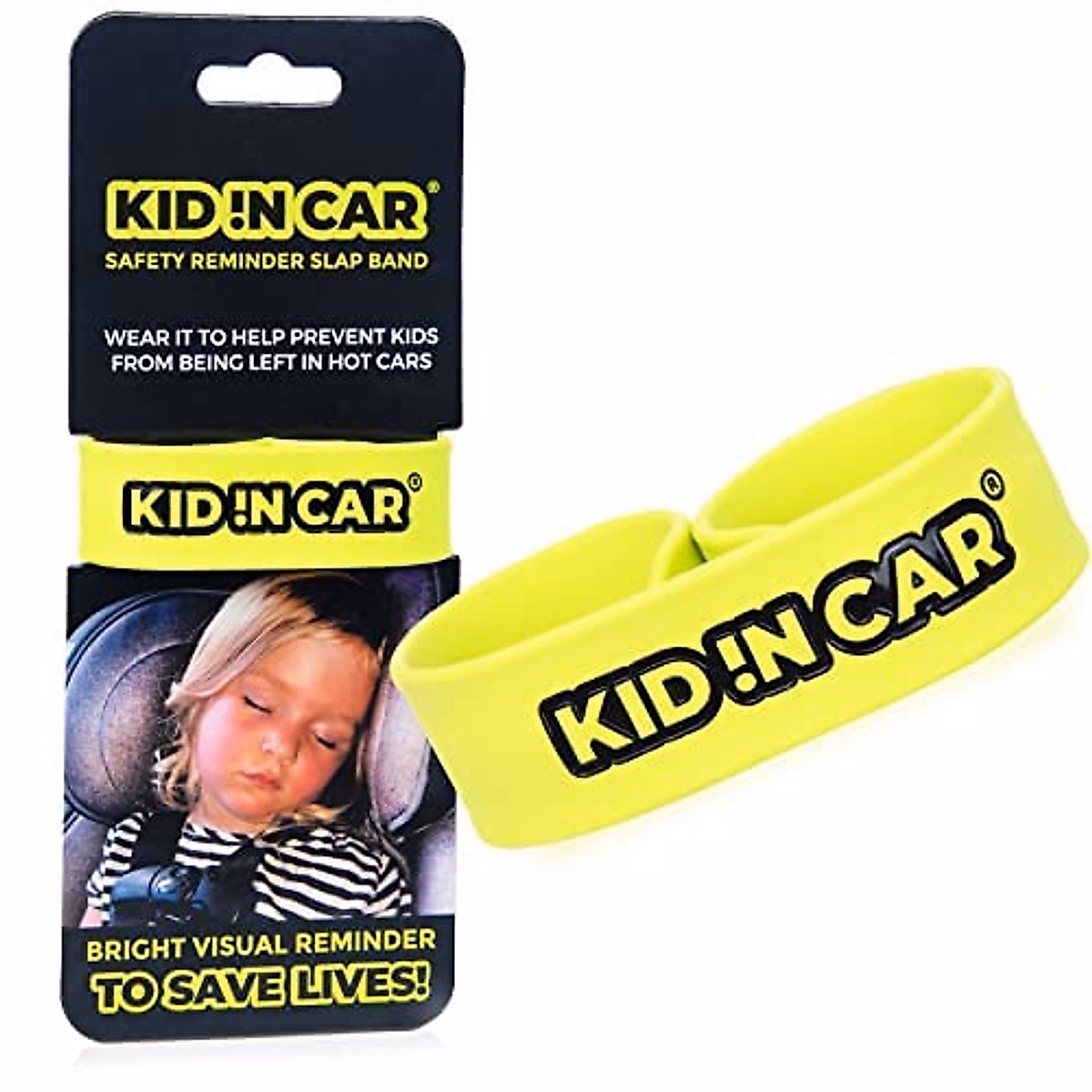 KID !N CAR - Baby in Car Reminder for Infant Car Safety, Tech Free, Neon Slap Band Reminds Parents of Child in Car