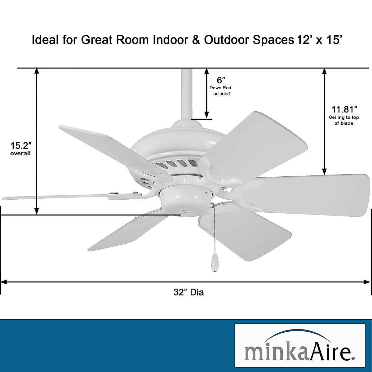 Minka-Aire F562-WH Supra 32 Inch Pull Chain Ceiling Fan in White Finish
