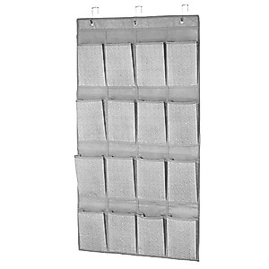 mDesign Soft Fabric Over the Door Hanging Storage Organizer with 16 Deep Pockets for Child/Kids Room, Nursery, Playroom - Metal Hooks Included - Herringbone Print - Gray