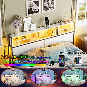 PAKASEPT Headboard Queen Size, Queen Headboards with Outlets, USB Ports and RGB LED Light, 4-Tier Storage Queen Head Board Only for Queen Size Bed, Height Adjustable, White