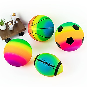 Homotte Rainbow Sports Balls Pack of 4, 1 Each of 8.5" Football, Basketball, Soccer and Volleyball for Playground, Inflatable Multi-Sport Ball Set with 1 Pump for Kids Outdoor Activities