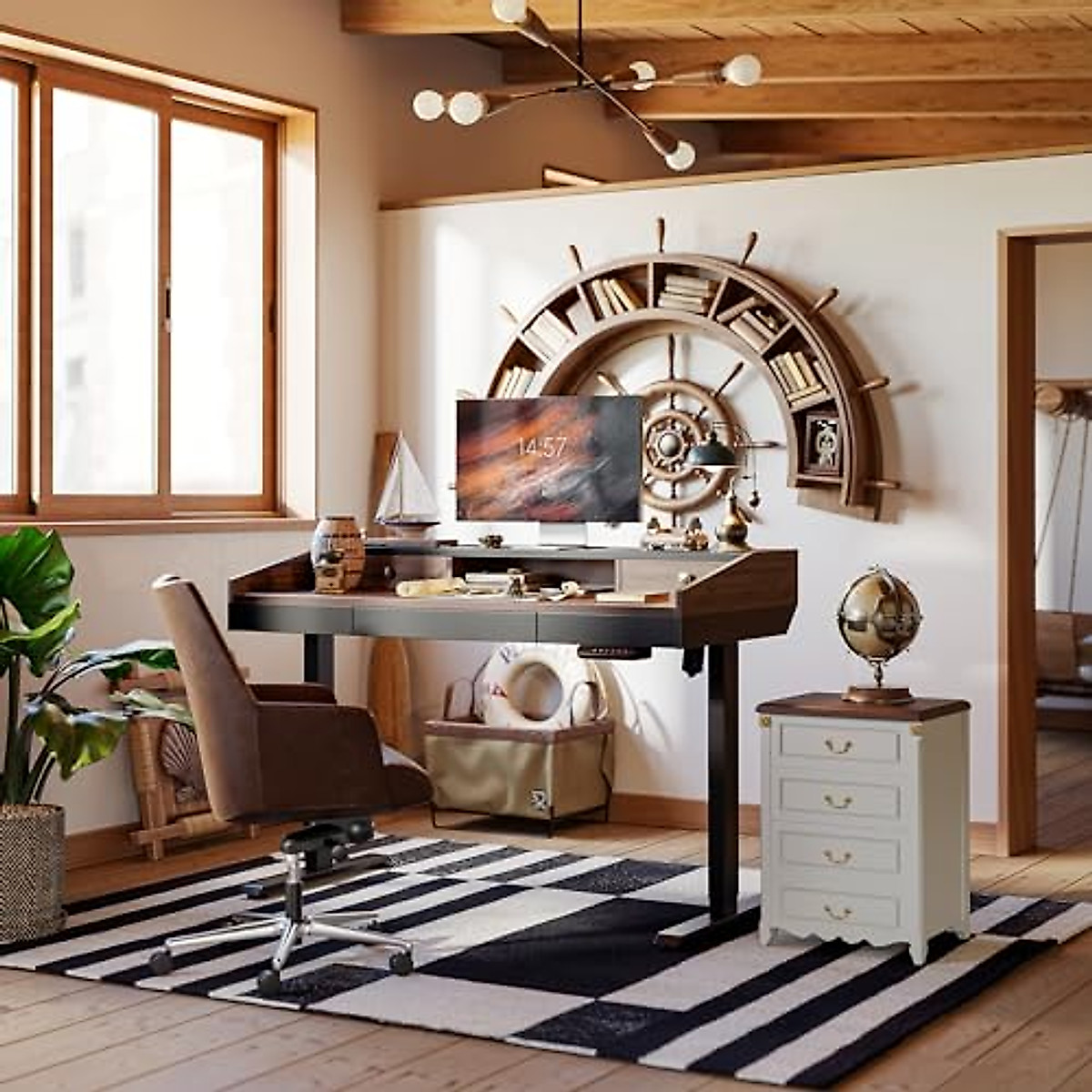 FEZIBO 55" Whole-Piece Standing Desk Adjustable Height with drawers, 55 x 24 inches Electric Adjustable Desk with Monitor Shelf, Sit Stand Rising Desk with baffle, Black Walnut