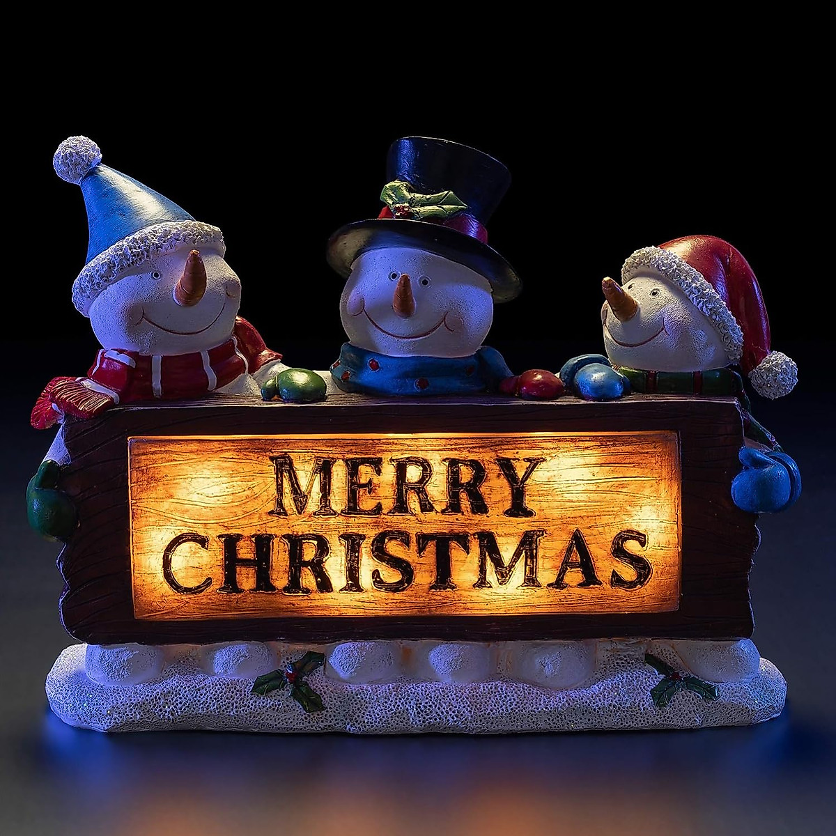 VP Home Christmas Snowman Decor Christmas Figurines Resin Snowman Lighted Decorations Indoor Glowing Merry Christmas Wood Trio LED Holiday Light Up Snowman Indoor Festive Fiber Optic Decorations
