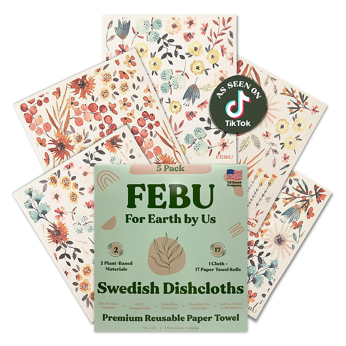 FEBU Swedish Dishcloths for Kitchen | 5 Pack Watercolor Reusable Paper Towels Washable | Swedish Dish Towels | Non-Scratch Cellulose Sponge Cloths | No Odor, Biodegradable Cleaning Cloths