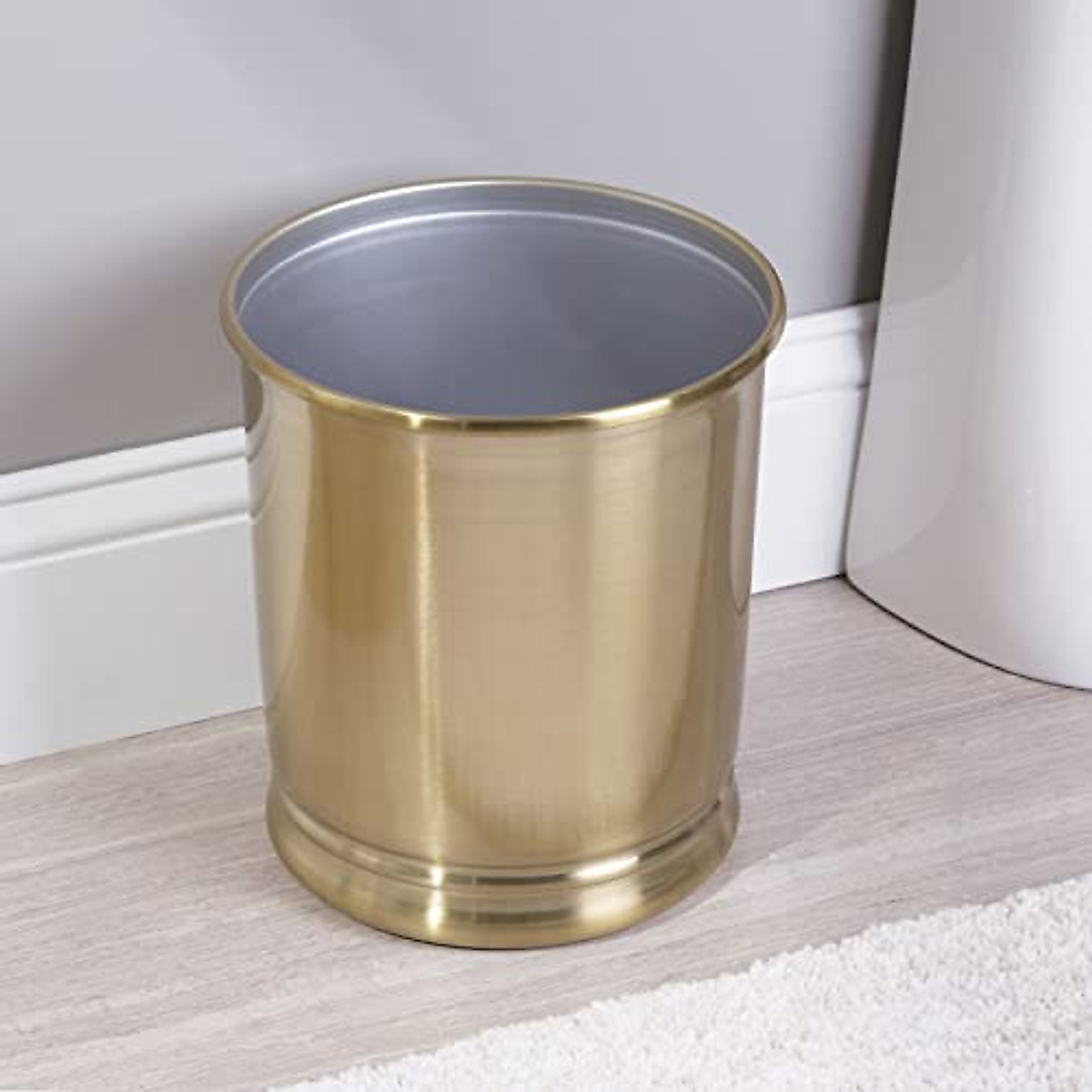 mDesign Steel Stylish Round Trash Can, Wastebasket Storage Container Bin - for Bathroom, Bedroom, Powder Room, Kitchen, Home Office - Holds Garbage, Waste, Trash - 2 Pack - Soft Brass